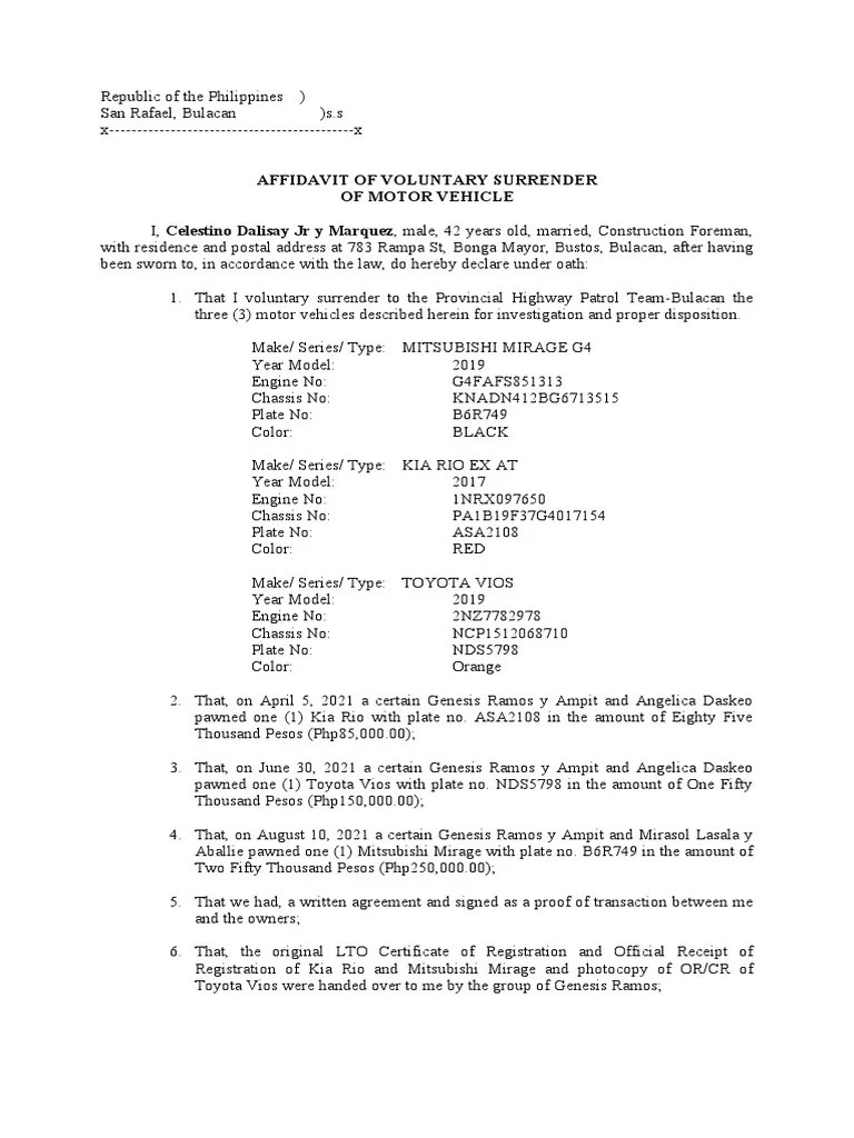 Affidavit Of Voluntary Surrender Pdf Affidavit Motor Vehicle
