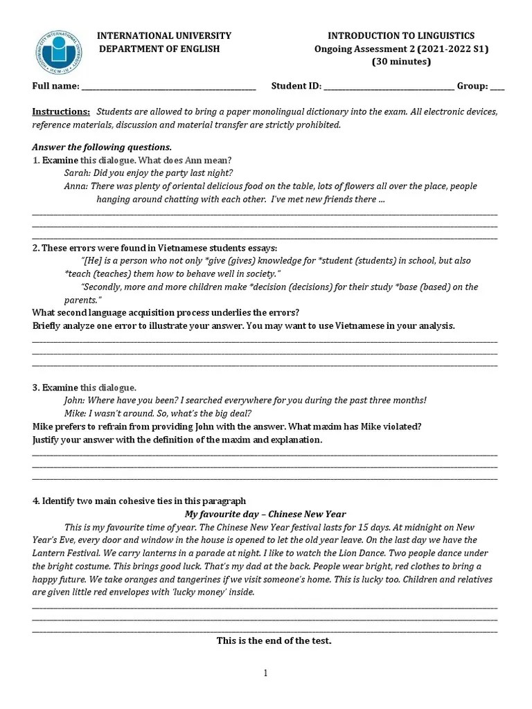 Intro To Ling Final 2021 2022s1 Ongoing 2 Test Paper Pdf
