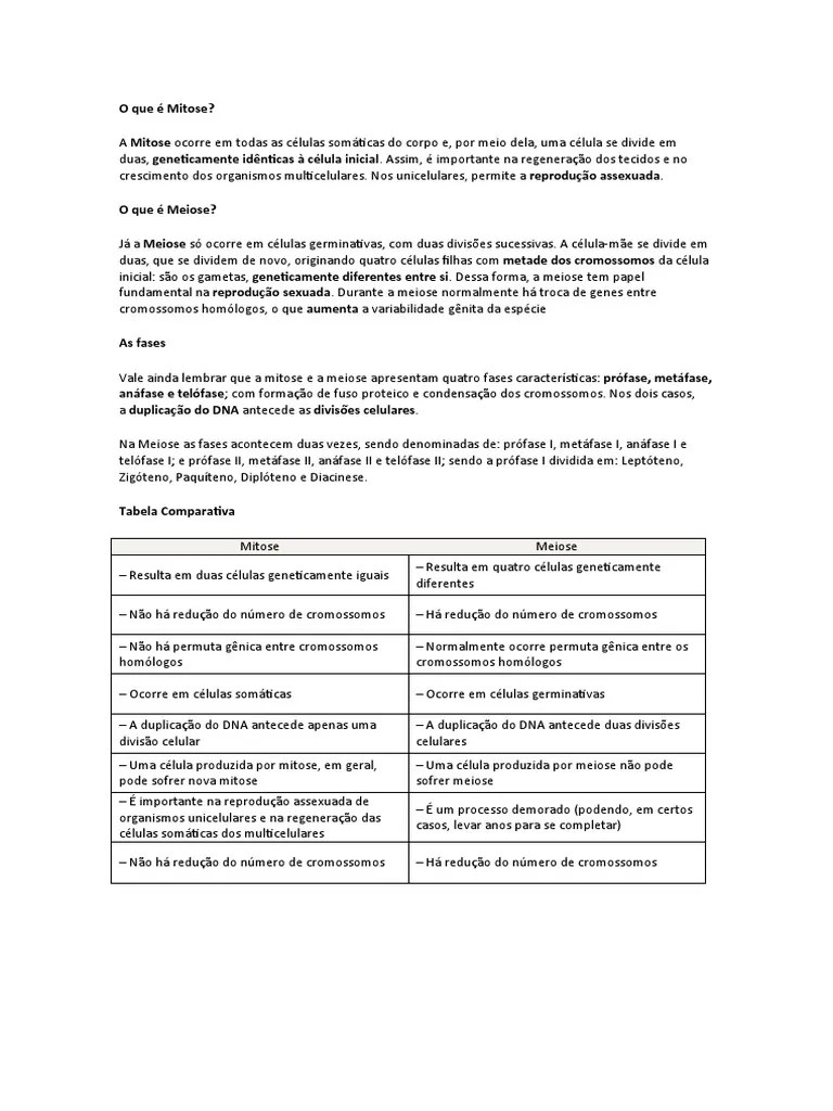 Diferenças Entre Mitose E Meiose Pdf Meiose Mitose
