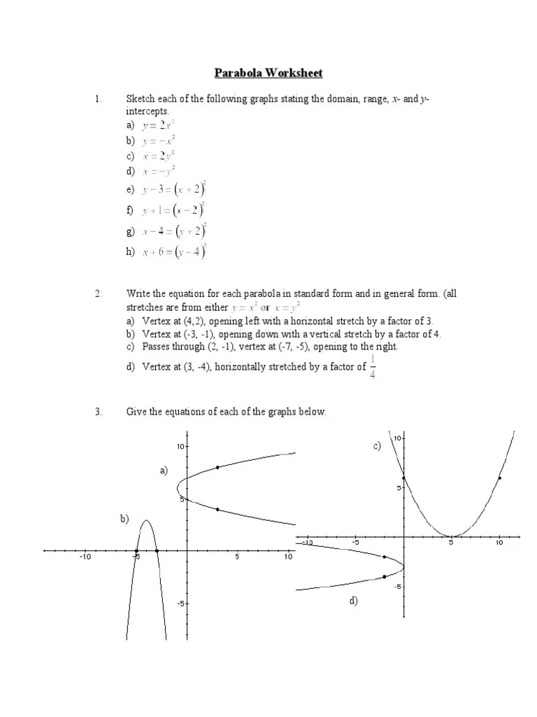 Parabola Worksheet Pdf