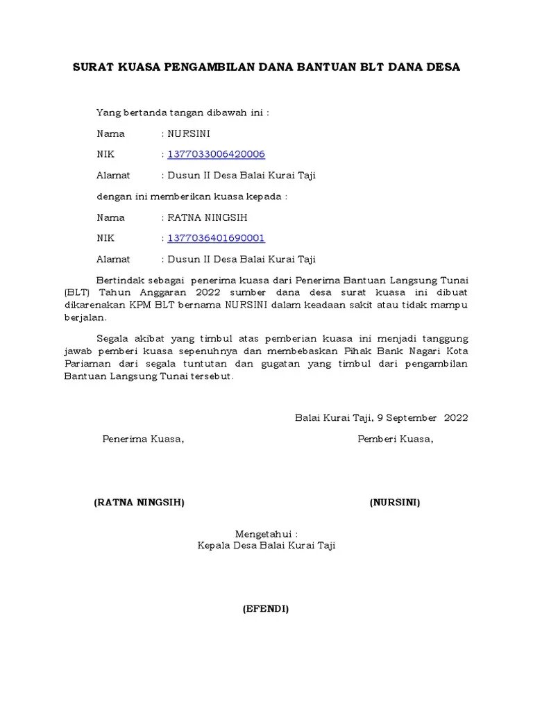 Surat Kuasa Pengambilan Buku Tabungan Dan Atm BLT  PDF.