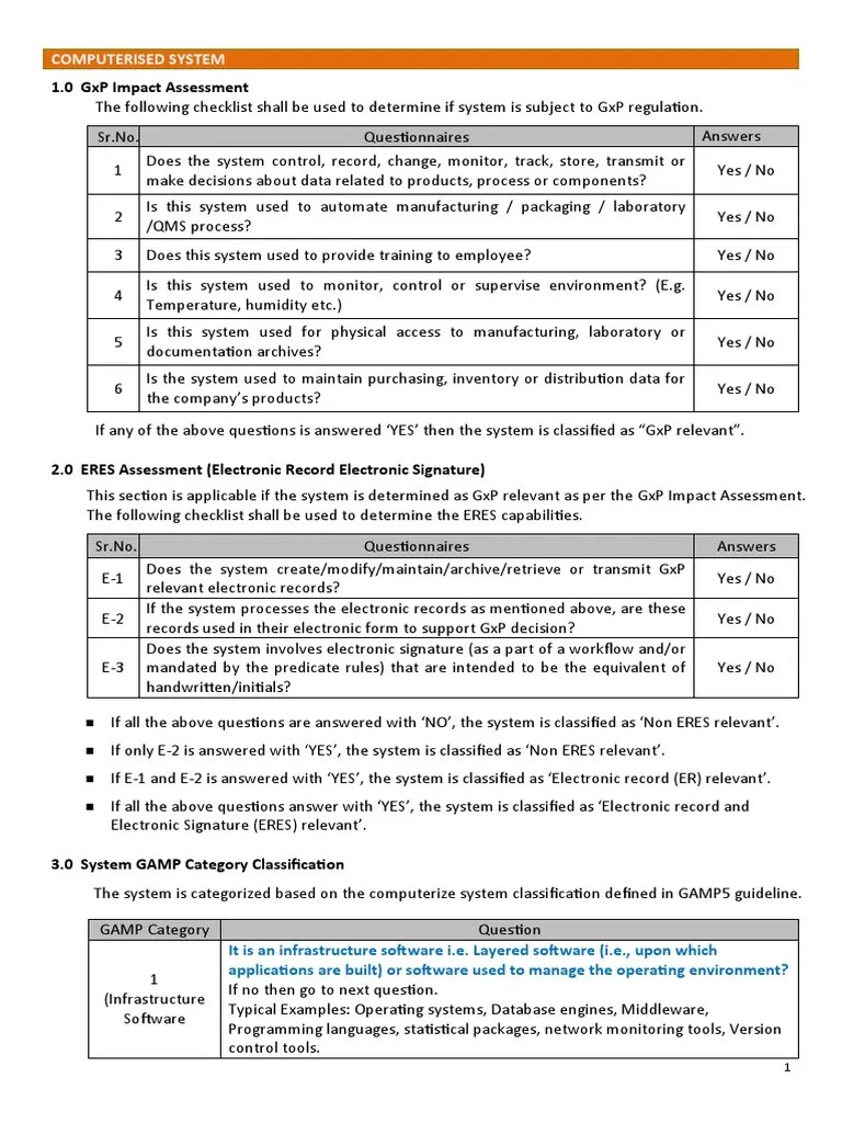 Computerised System Gxp Assessment Pdf Application Software Software