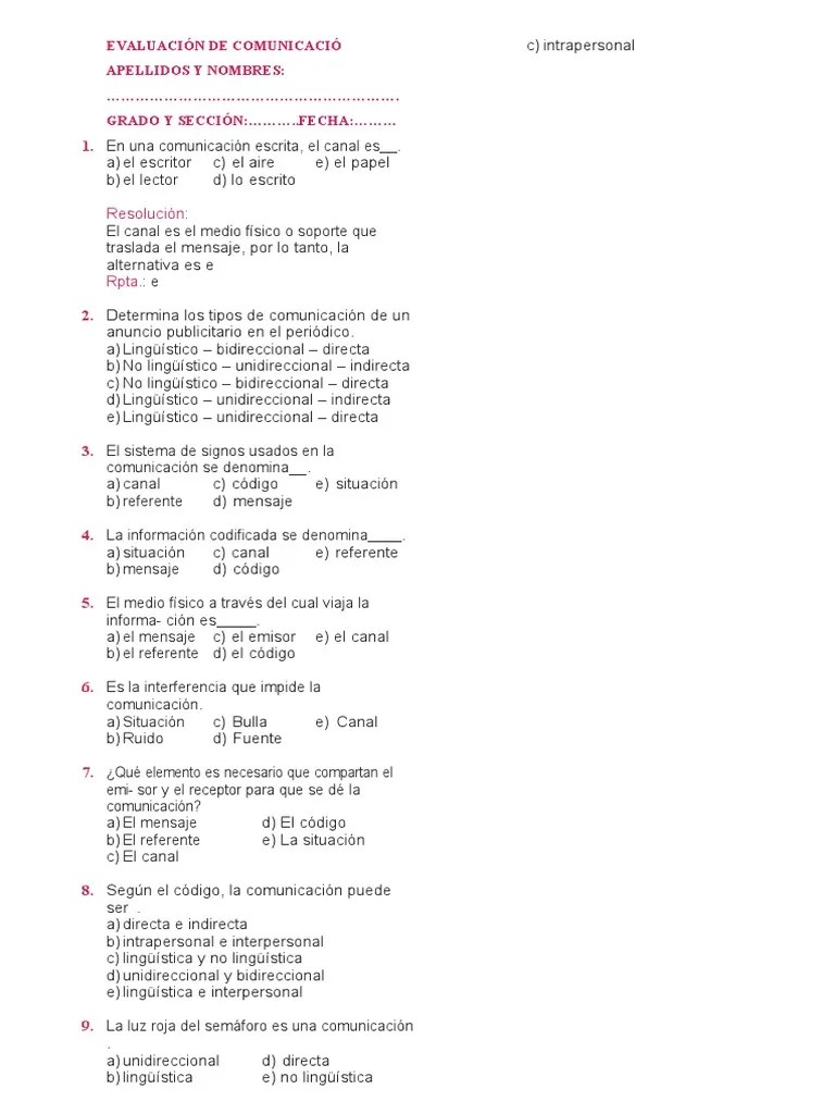 Evaluación De Comunicación Unidireccional Pdf Comunicación Cognición