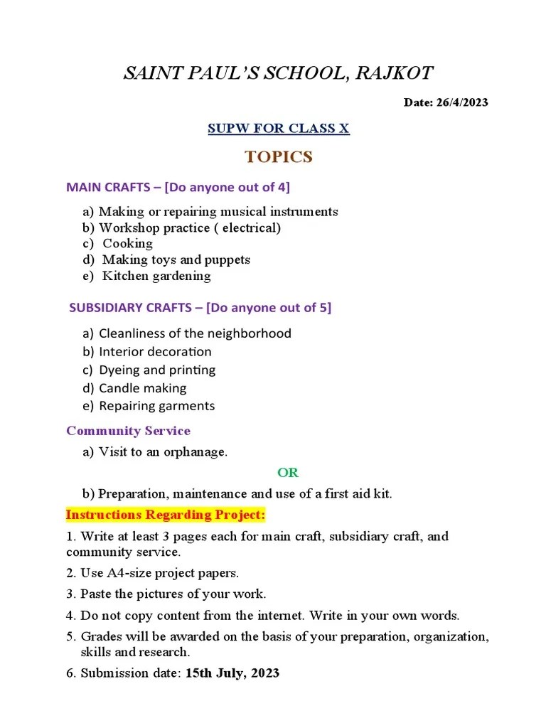 Class X Supw Projects Guide Pdf