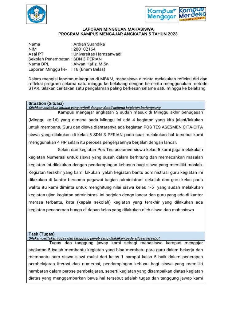 Laporan Minggu Ke 16 Kampus Mengajar Angkatan 5 Ardian Suandika Sdn