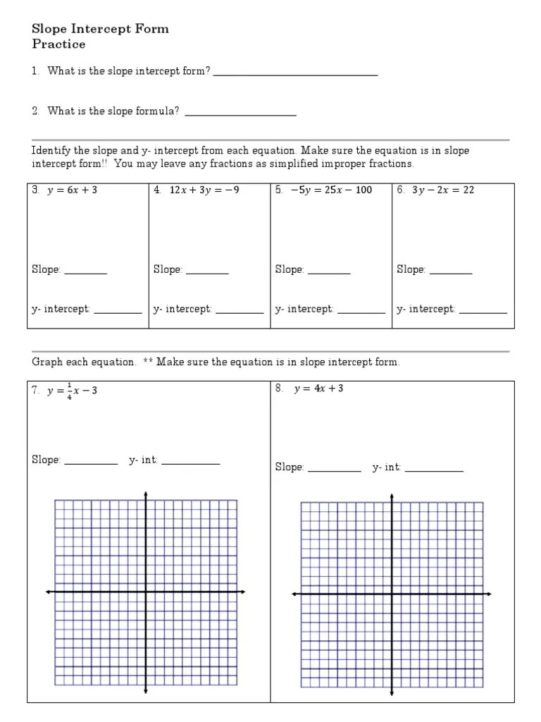 Slope Intercept Form Practice Worksheet 1 Pdf Teaching Methods