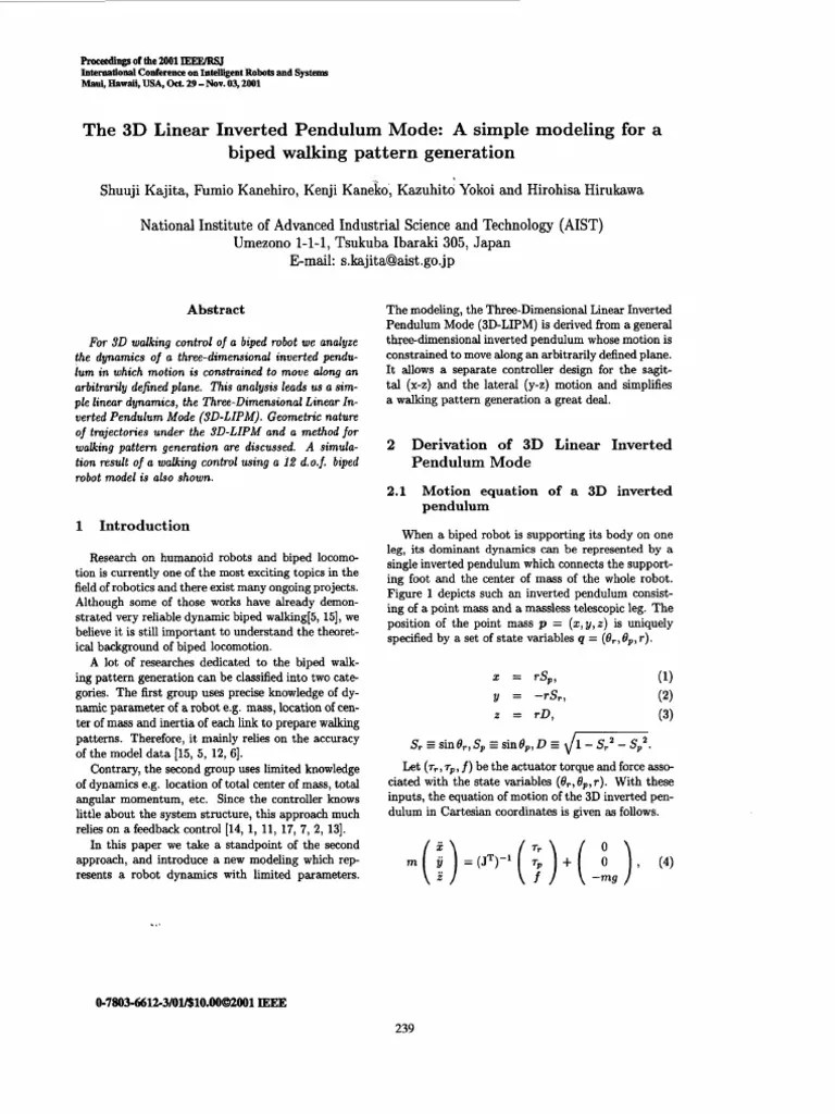 3d Linear Inverted Pendulum Model Pdf Force Trajectory