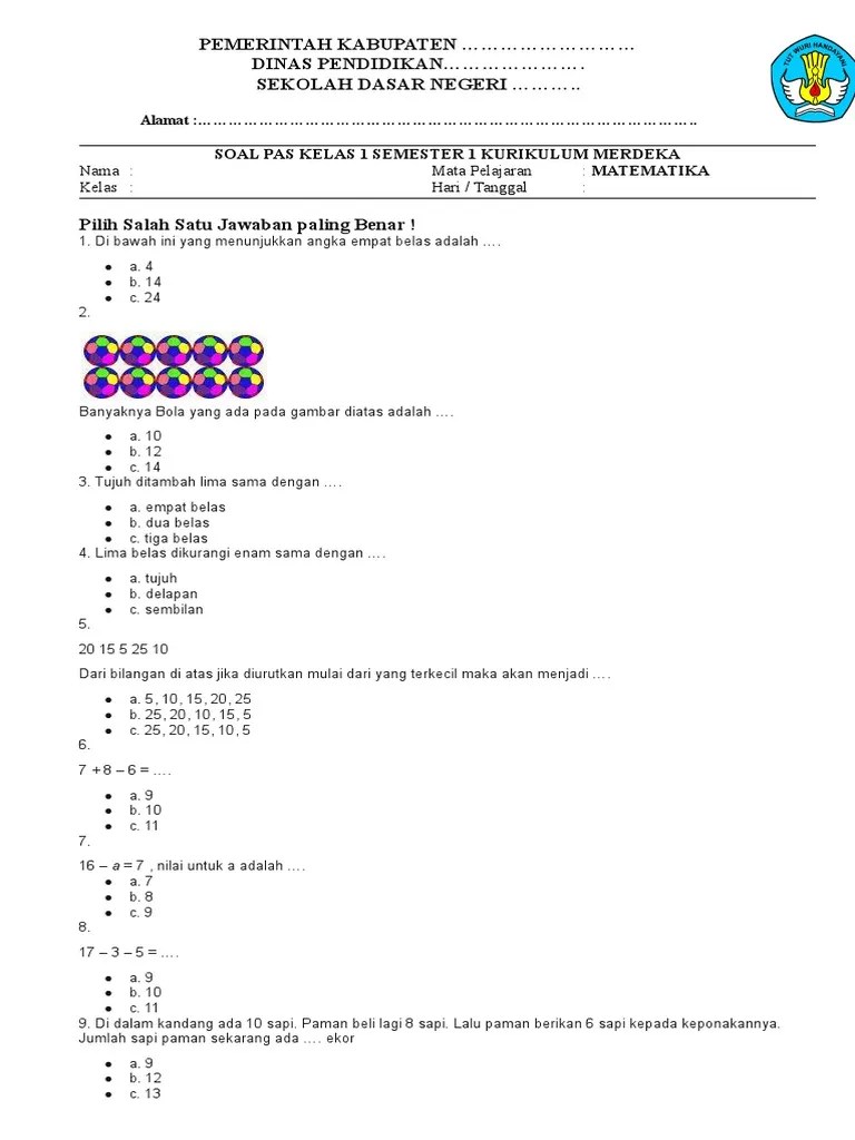 Soal Pas Mtk Kls 1 Sem 1 Pdf
