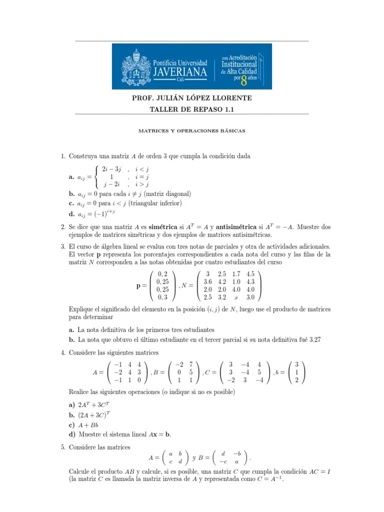 Taller 1.1 (Matrices Y Sus Operaciones Básicas) | PDF | Matriz ...
