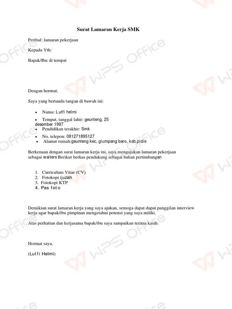 Contoh Surat Lamaran Kerja SMK | PDF