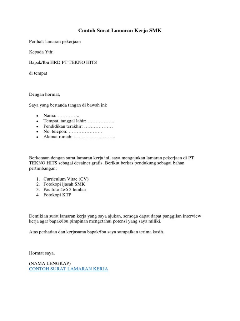 Contoh Surat Lamaran Kerja SMK | PDF