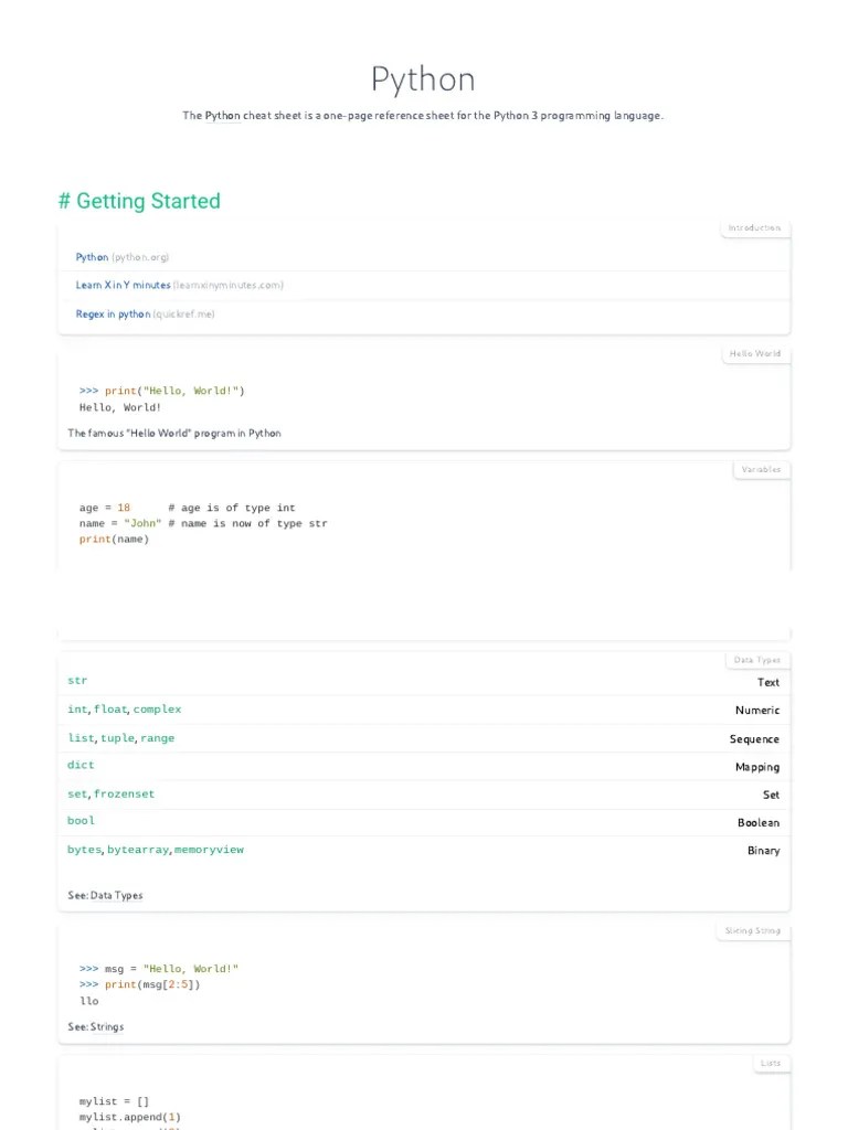 Python Cheat Sheet Quick Reference Pdf Boolean Data Type