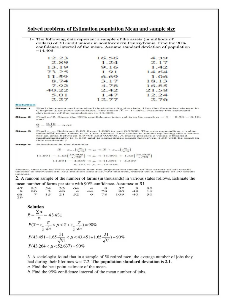 Solved Problems Of Estimation Population Mean And Sample Size Pdf