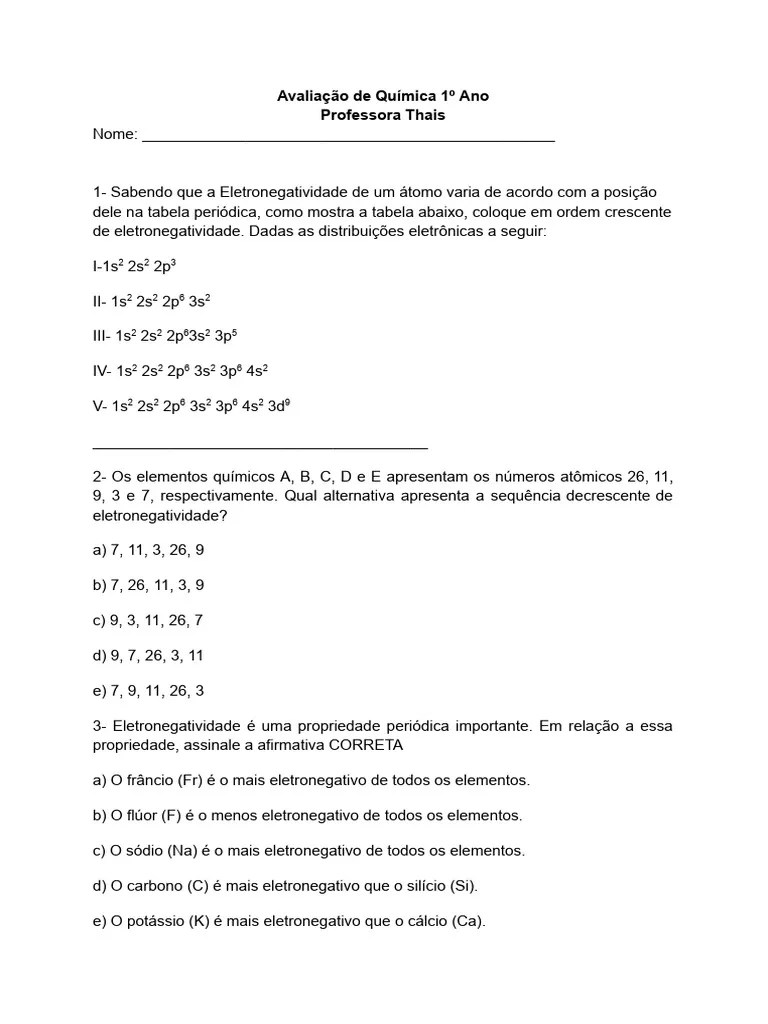 Avaliação De Química 1 Ano Pdf