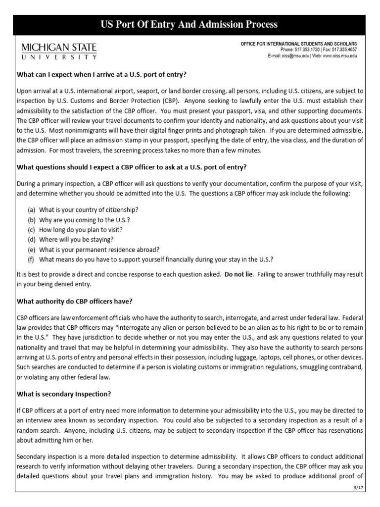 US Port Of Entry And Admission Process | PDF | U.S. Customs And Border ...