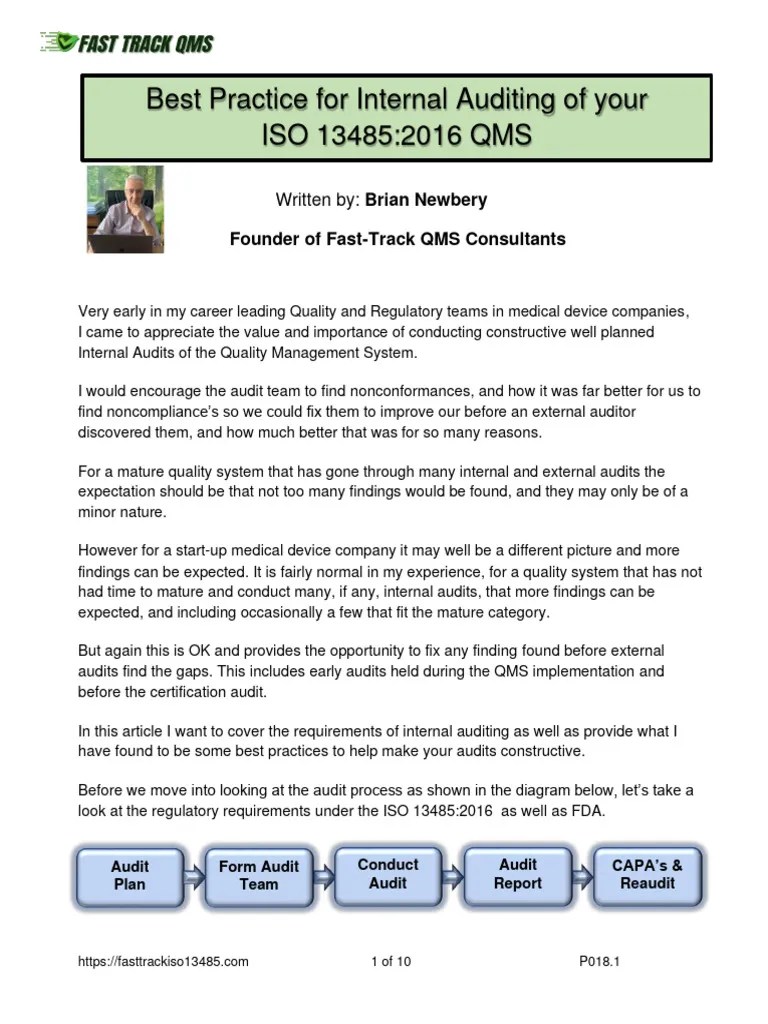 Best Practice For Iso 13485 Qms Internal Audits Pdf Audit