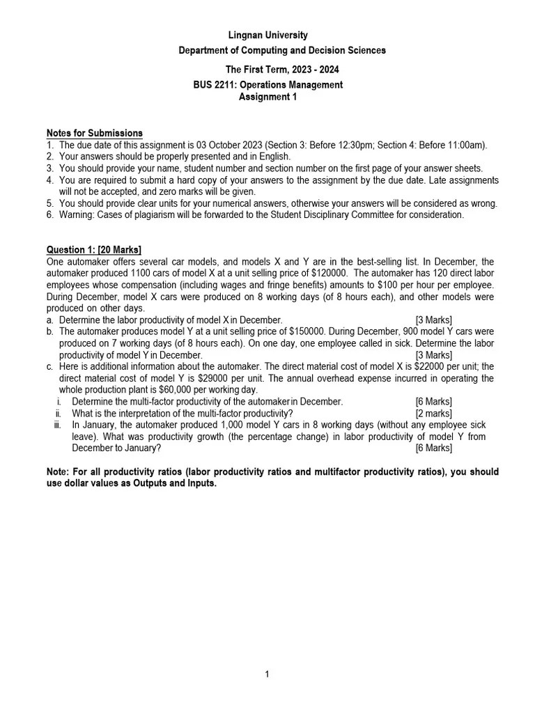 Bus2211 - 23!24!01 Assignment1 Questions | PDF | Cost | Economies