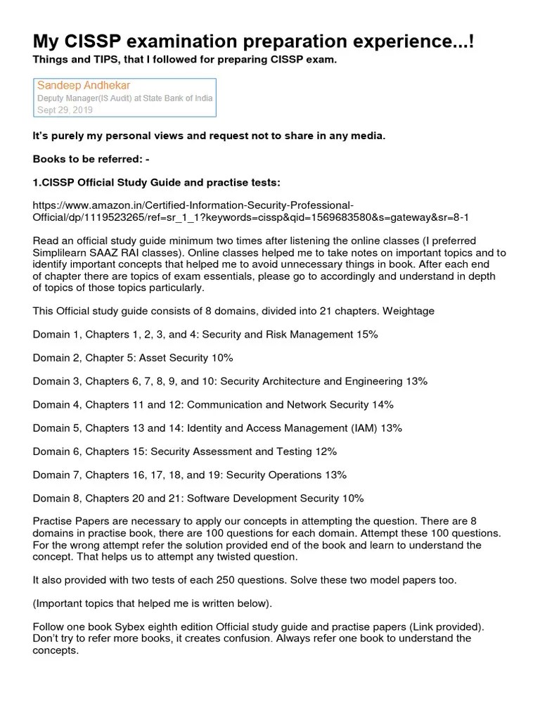 CISSP EXAMINATION PREPARATION EXPERIENCE (Sandeep Andhekar) | PDF ...