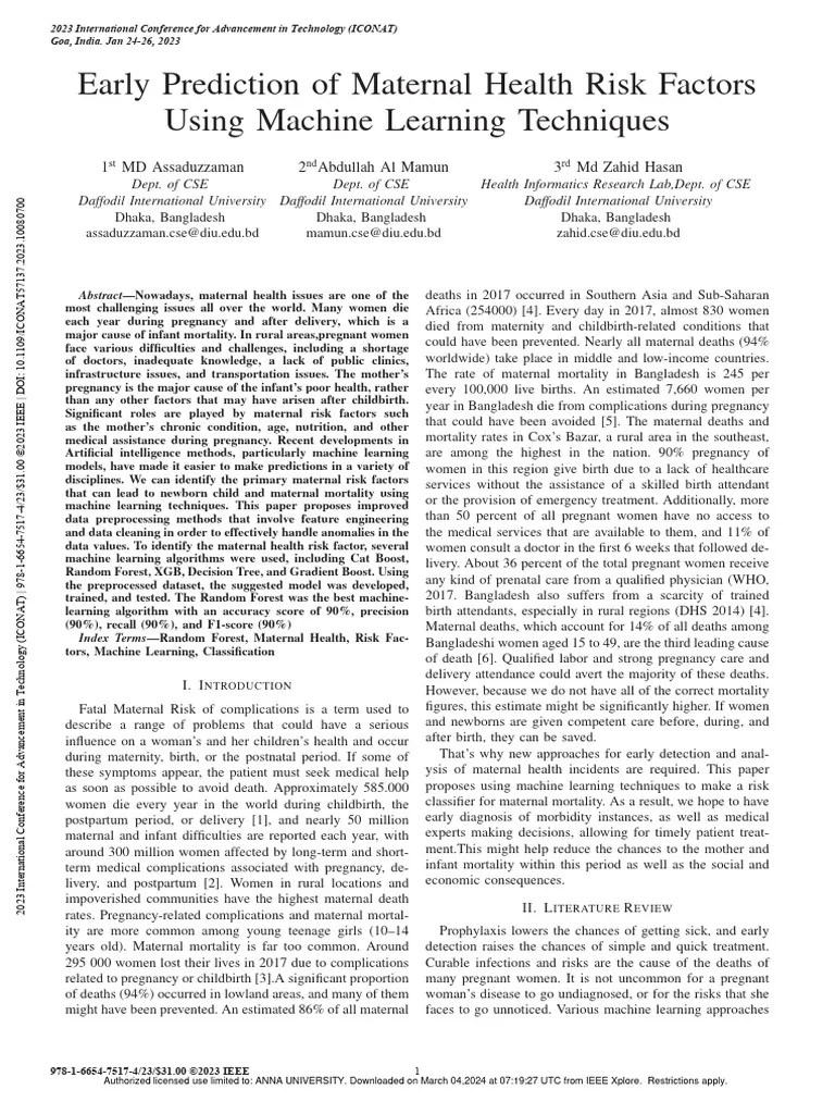 Early Prediction Of Maternal Health Risk Factors Using Machine Learning