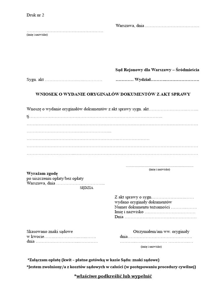 2_wniosek O Wydanie Oryginalow Dokumentow Z Akt Sprawy 1a | PDF