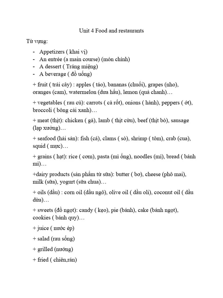 Unit 4 Food And Restaurants Pdf