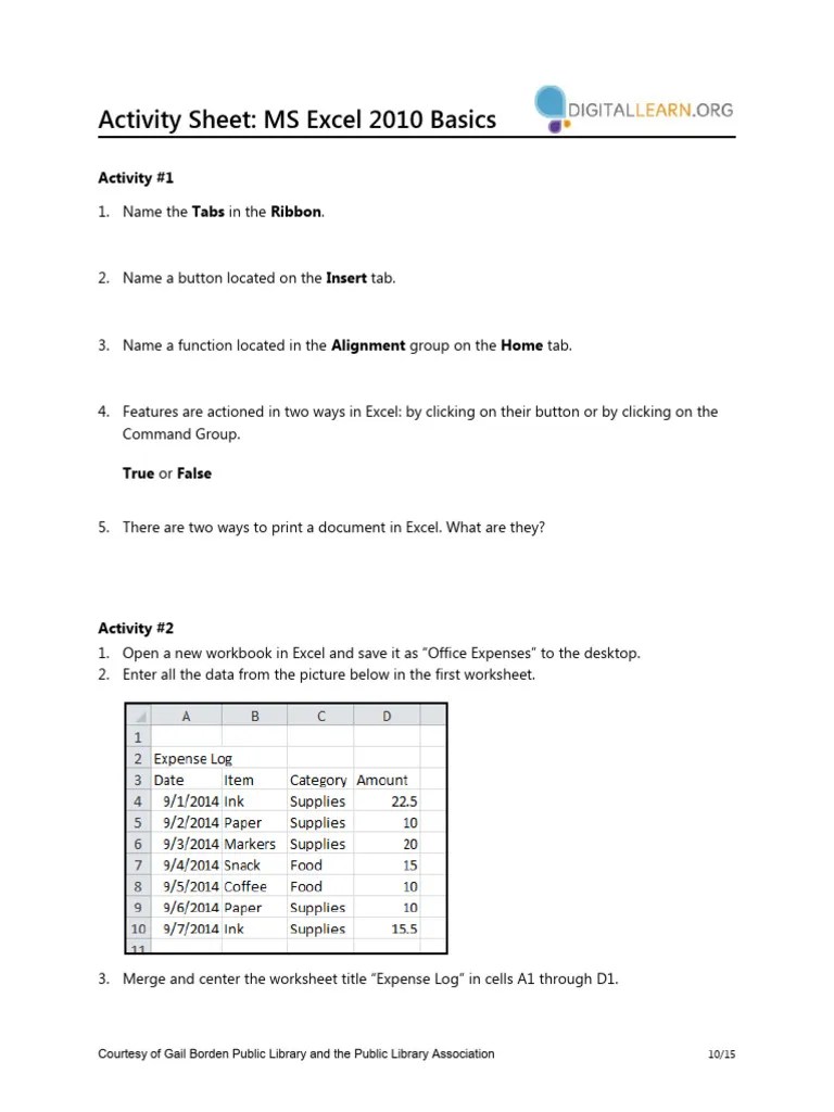 Activity Sheet Ms Excel 2010 Basics Pdf