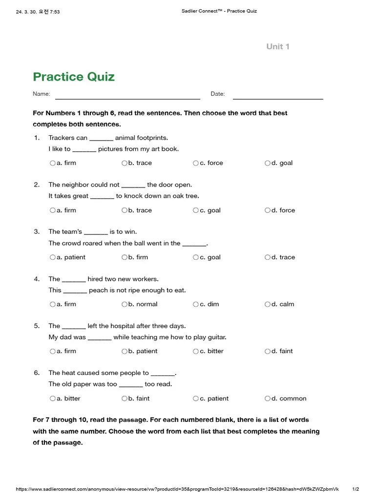 Sadlier Connect邃 Practice Quiz1 Pdf