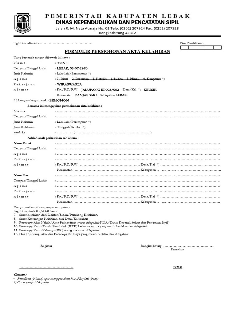 Formulir Akta Kelahiran | PDF