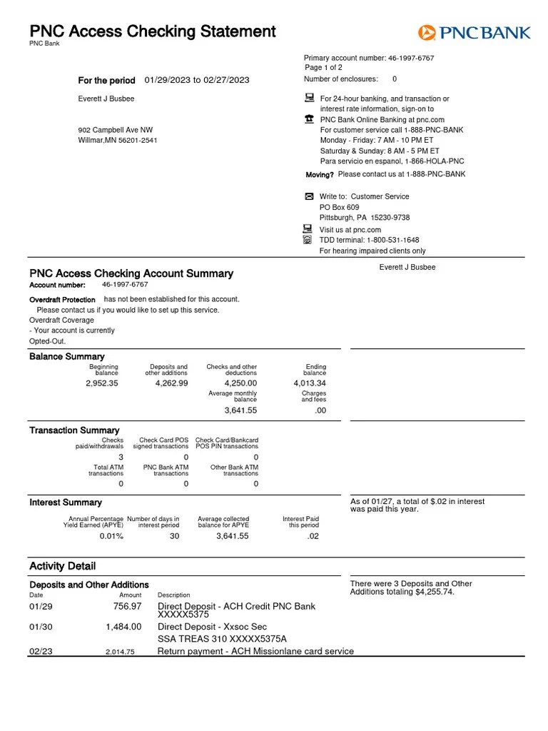 PNC Bank Statement | PDF | Banks | Overdraft