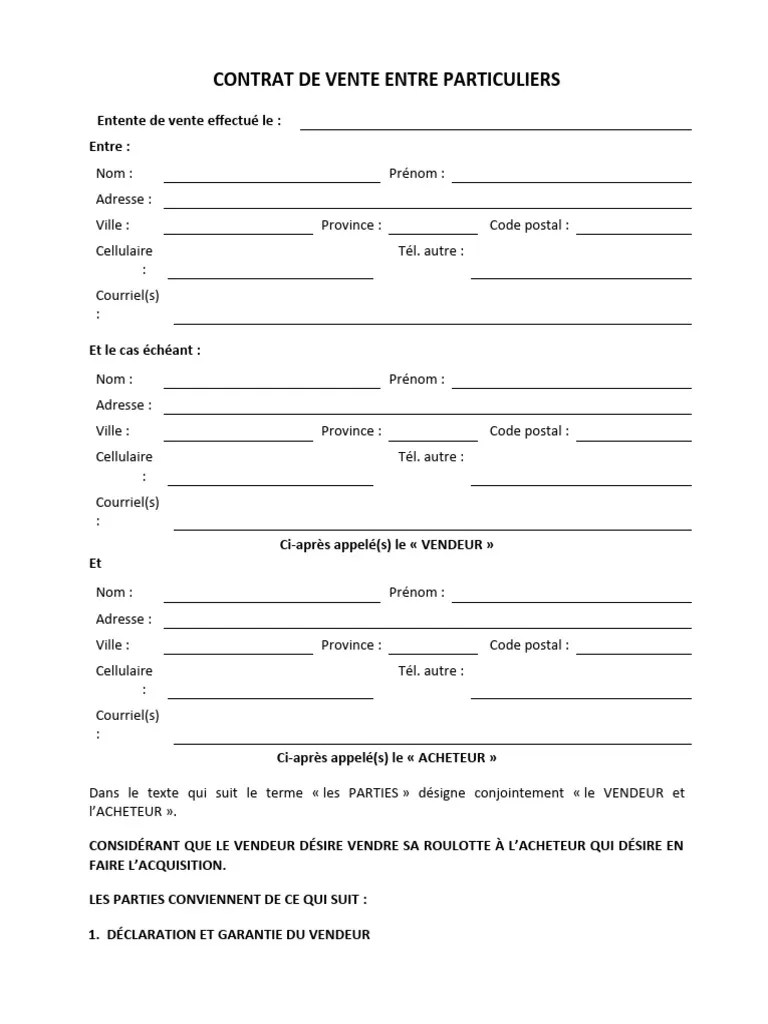 Contrat De Vente De Roulotte Entre Particuliers Pdf