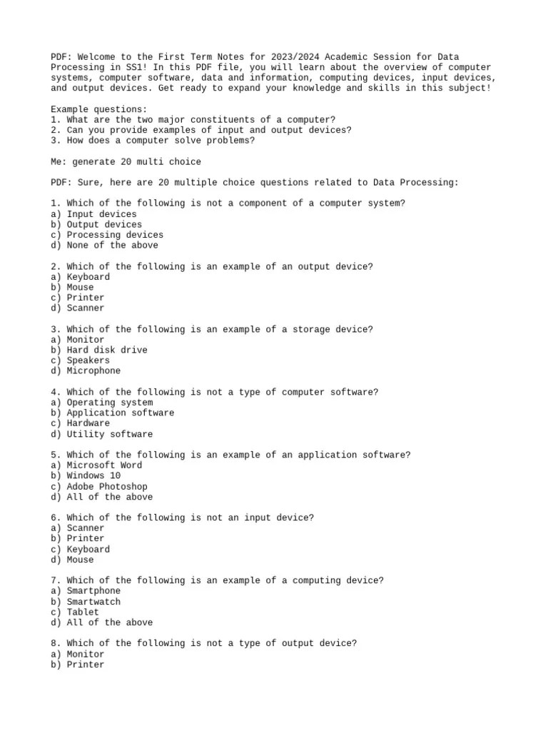 Chatpdf Ss1 Data Processing 124911 Pdf Input Output Computer
