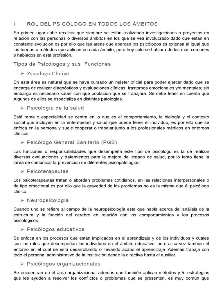 Funciones Y Roles Del Psicólogo Pdf Sicología Psicología Clínica