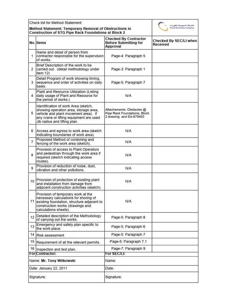 Checklist Method Statement 30621127 000 4pr 00071 Download Free Pdf