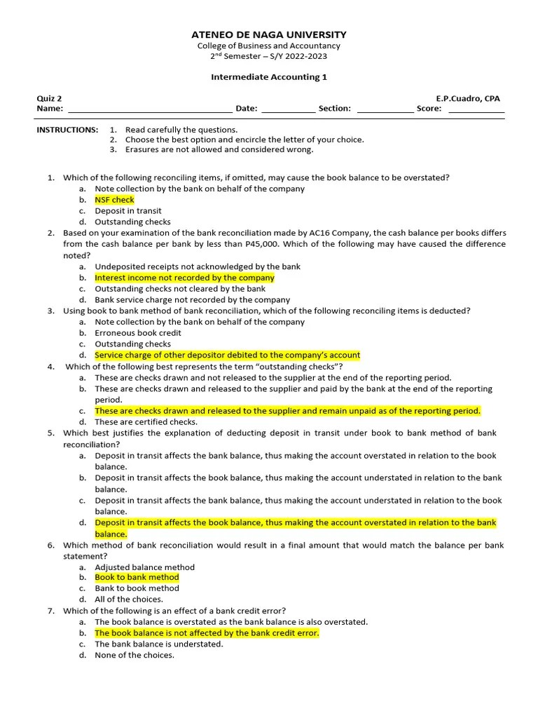 Quiz 2 With Answers Pdf Banks Deposit Account