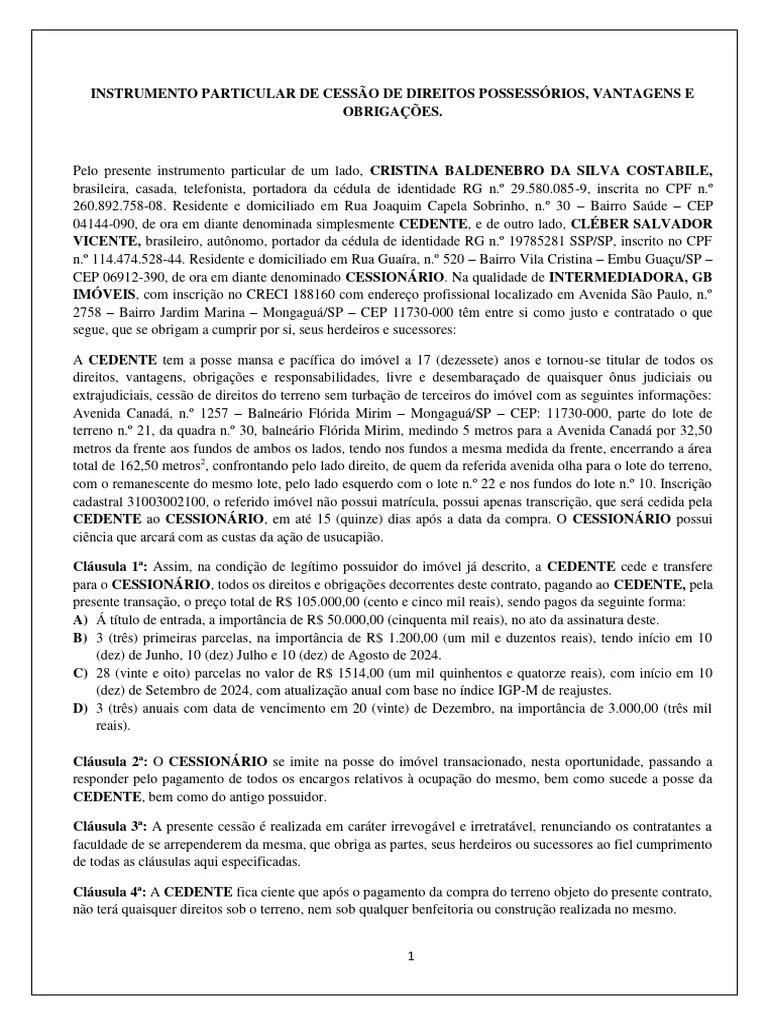 Instrumento Particular De Cessão De Direitos Possessórios Pdf