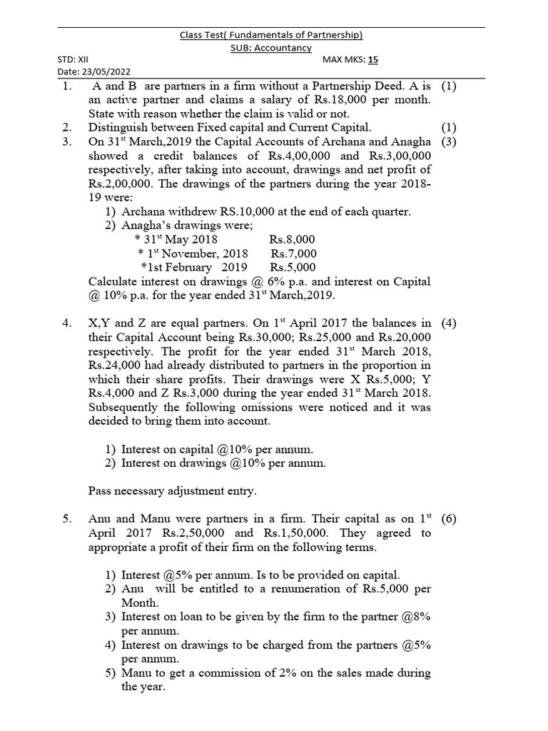 Fundamentals Of Partnership - Class Test | PDF | Interest | Partnership