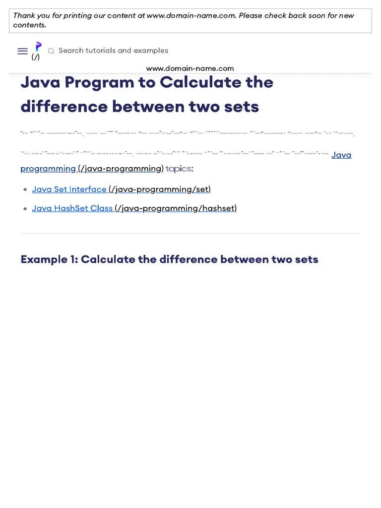 Java Program To Calculate The Difference Between Two Sets Pdf