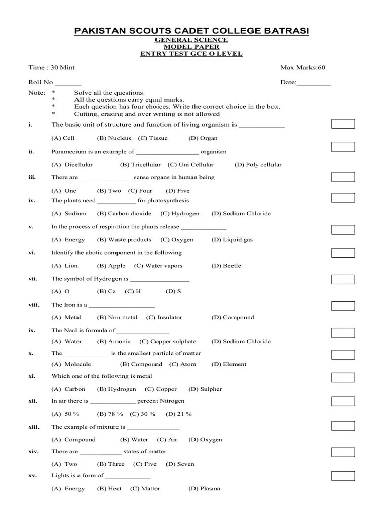 O Level Model Paper For Entry Test Pdf