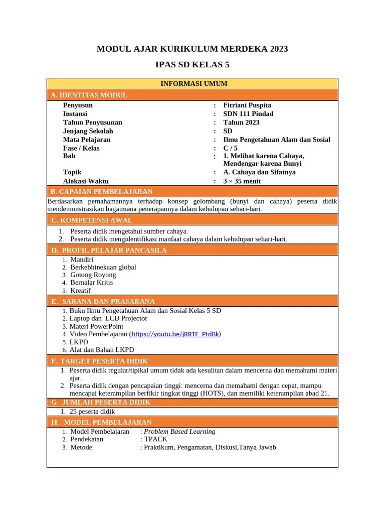 Fitriani Puspita - Modul Ajar IPAS Kelas 5 (Siklus 1) | PDF