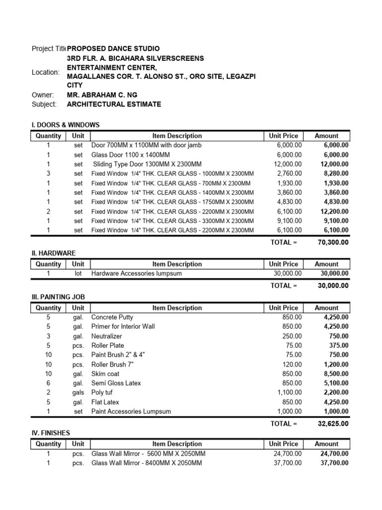 Architectural Estimate Pdf