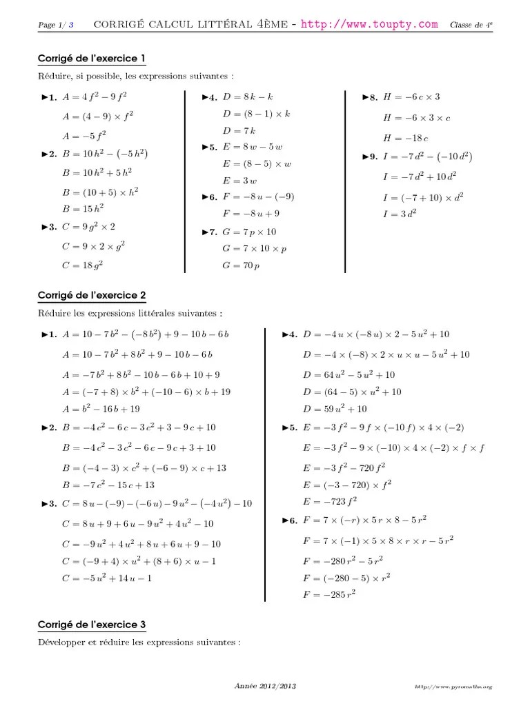 Exercice Calcul Litteral 2 Corrige Pdf
