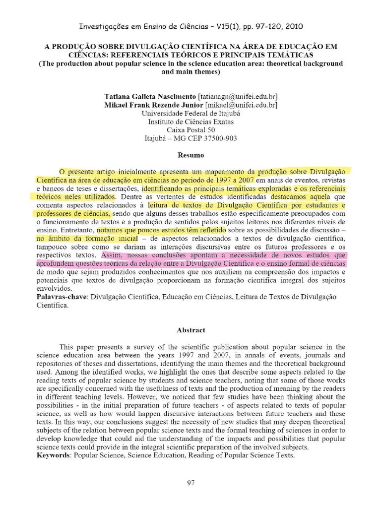 7 A Produção Sobre Divulgação Científica Na área De Educação Em
