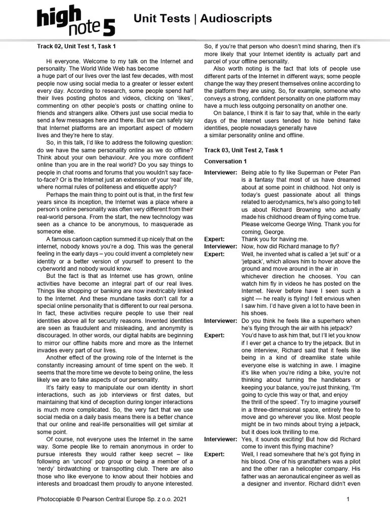 Highnote5 Unit Tests Audioscript Pdf Body Language Clothing