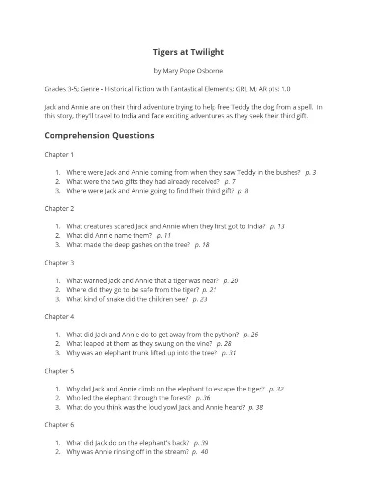 Tigers At Twilight Comprehension Guide Pdf