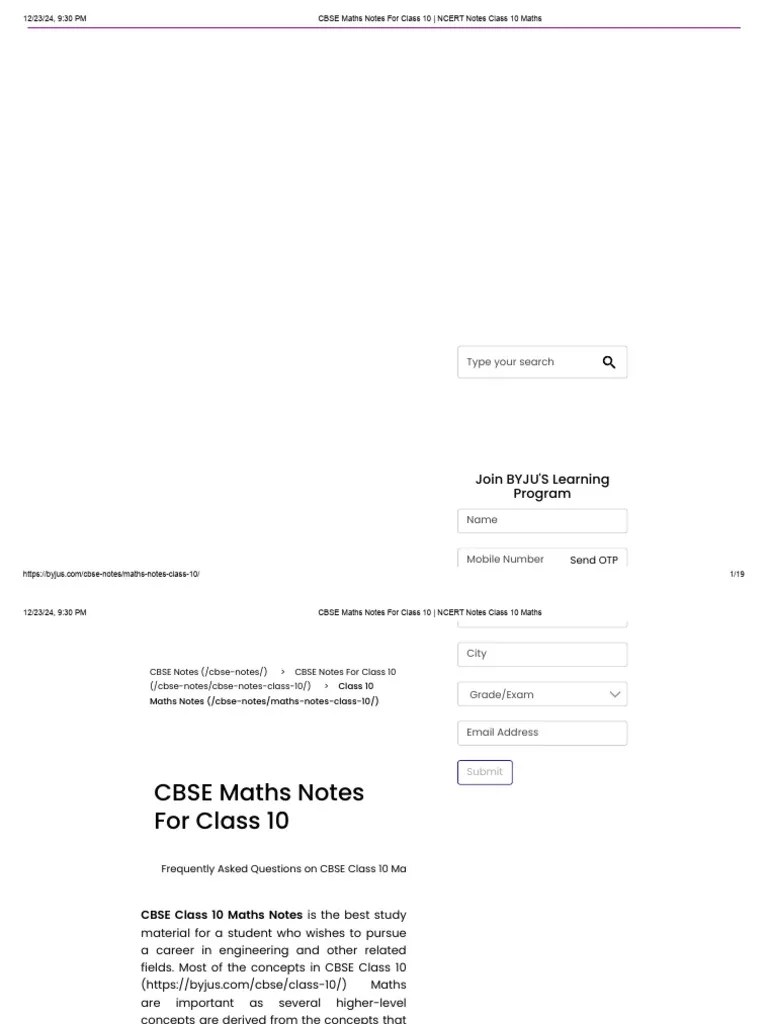 Cbse Maths Notes For Class 10 Ncert Notes Class 10 Maths Pdf