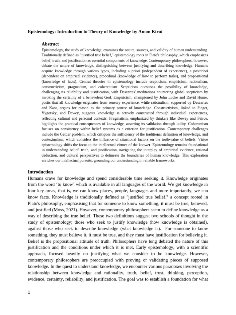 Introduction To Theory Of Knowledge Epistemology Pdf Knowledge