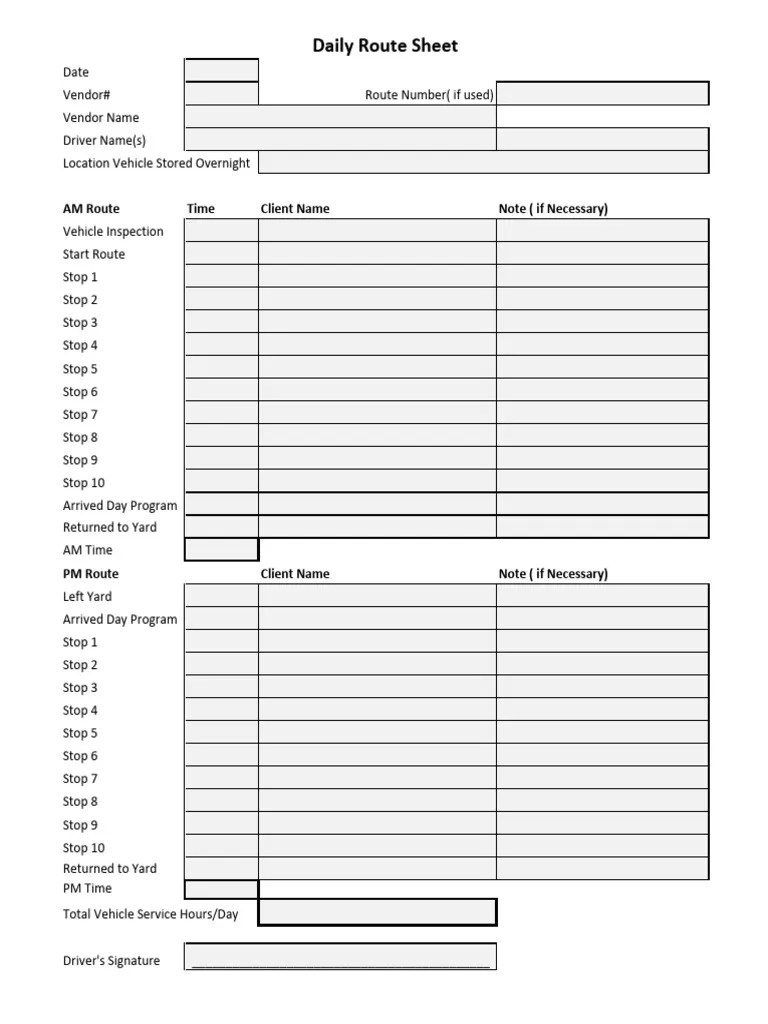 Daily Route Sheet Template Pdf