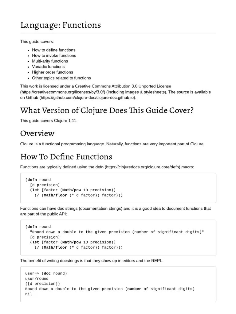 Clojure Functions Definition Usage Guide Pdf Parameter Computer