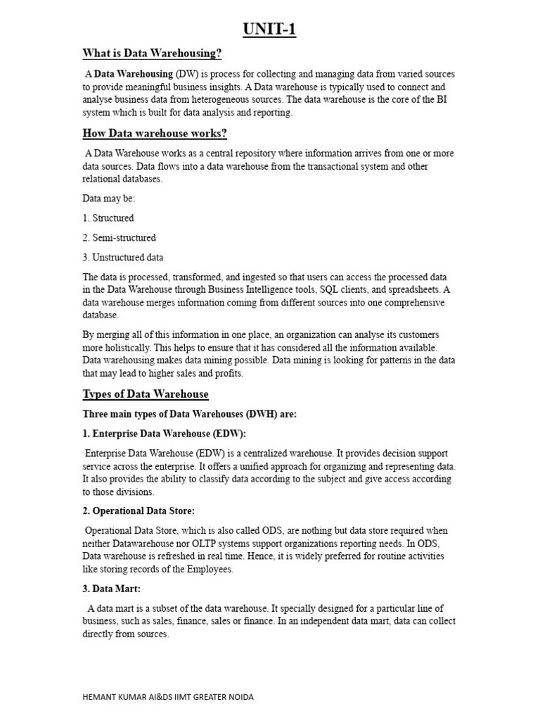 Dwdm Unit 1 Notes Pdf Pdf Data Warehouse Databases
