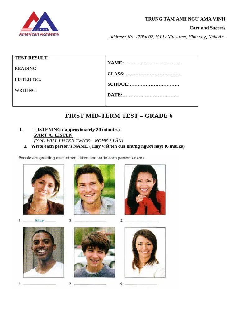 1st Mid Term Test Grade 6 Ben Thuy Pdf